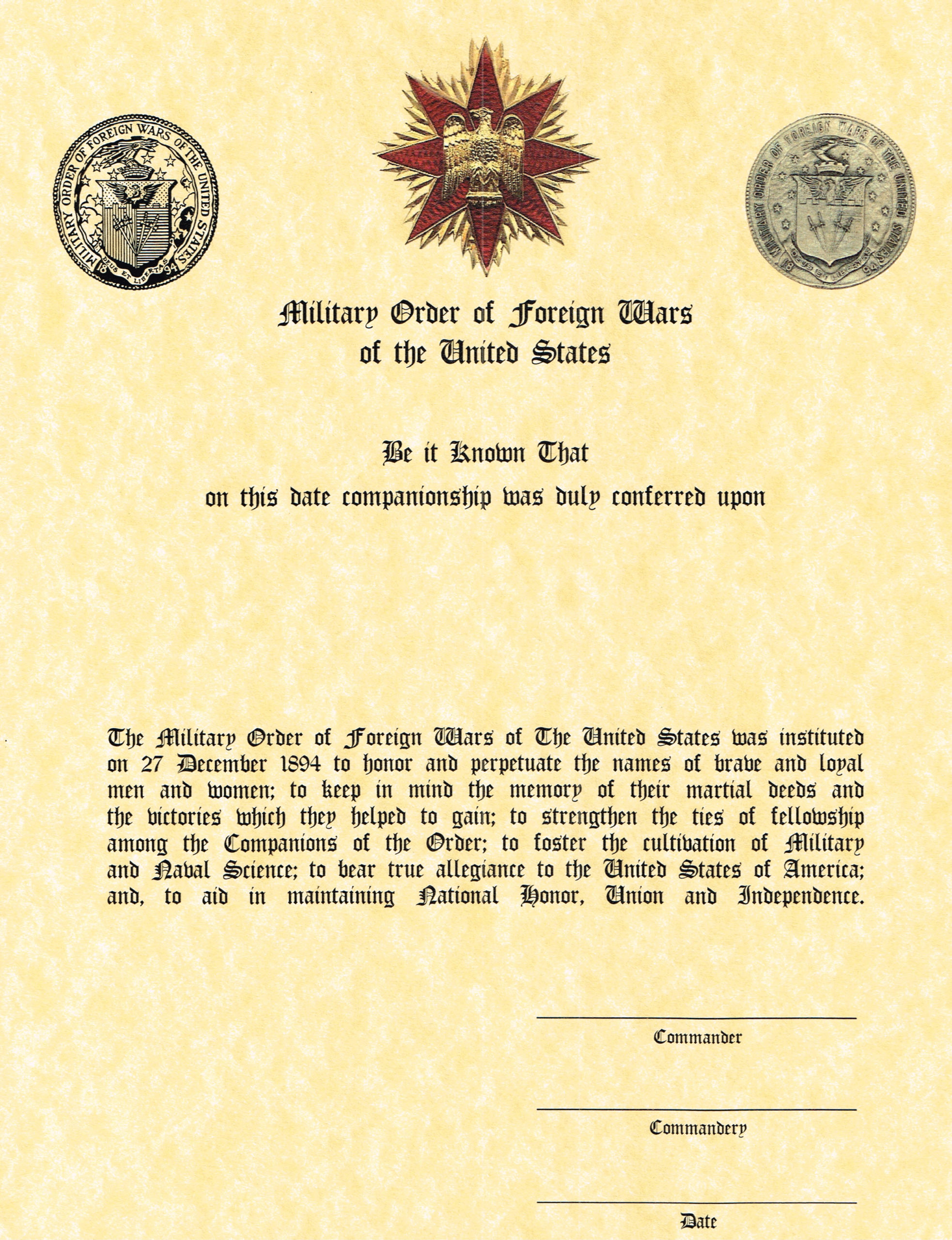 MOFW Membership Certificate - Military Order of Foreign Wars of the ...